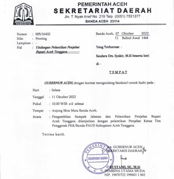 Besok, Achmad Marzuki Lantik Syakir Jadi Pj Bupati Agara